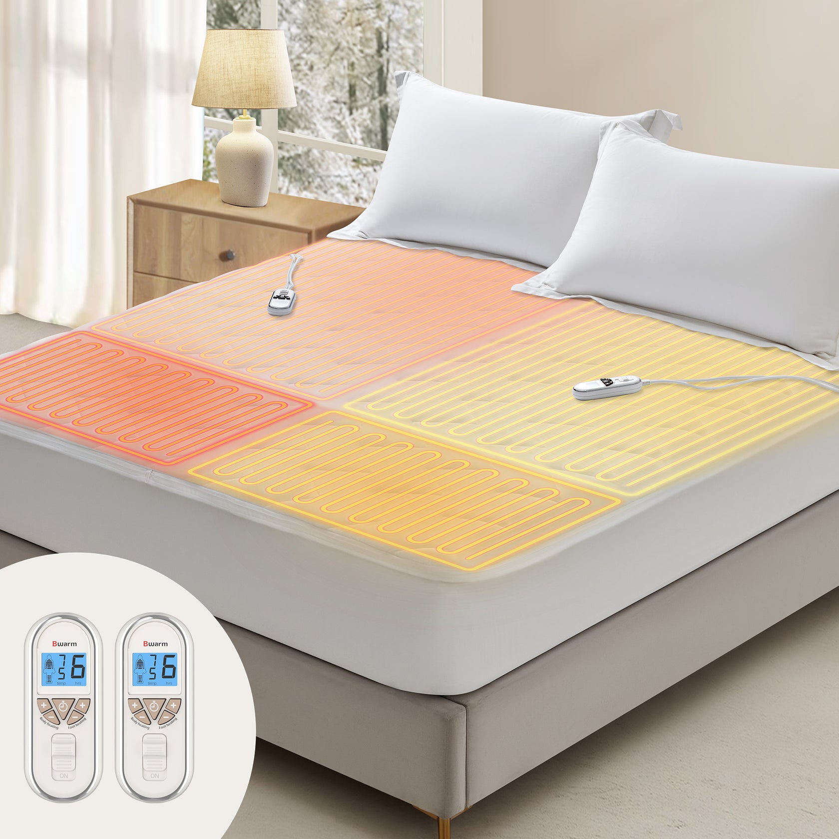 Premium Multi-Zone Electric Heated Mattress Pad, Dual Controllers
